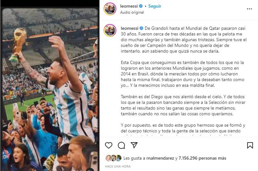 La emotiva carta de Messi tras ganar el Mundial de Qatar: “También es del Diego que nos alentó ...